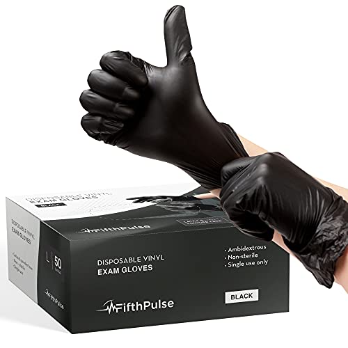 Black Vinyl Disposable Gloves Large 50 Pack - Latex Free, Powder Free Medical Exam Gloves - Surgical, Home, Cleaning, and Food Gloves - 3 Mil Thickness