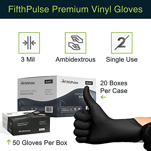 Black Vinyl Disposable Gloves Large 50 Pack - Latex Free, Powder Free Medical Exam Gloves - Surgical, Home, Cleaning, and Food Gloves - 3 Mil Thickness