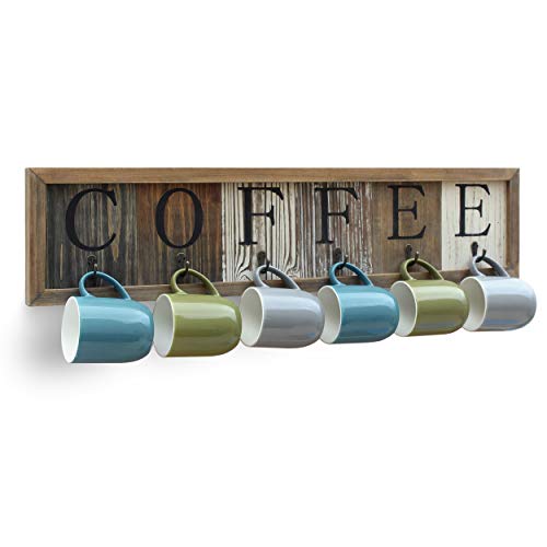 HBCY Creations Coffee Mug Holder with Printed Solid Wood Coffee Sign, 6 Coffee Cup Hooks with Wooden Coffee Mug Display and Organizer - Distressed Coffee Rack Sign, 31.5" Wide