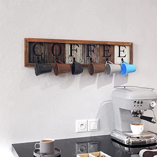 HBCY Creations Coffee Mug Holder with Printed Solid Wood Coffee Sign, 6 Coffee Cup Hooks with Wooden Coffee Mug Display and Organizer - Distressed Coffee Rack Sign, 31.5" Wide