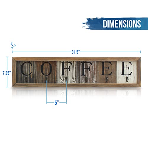 HBCY Creations Coffee Mug Holder with Printed Solid Wood Coffee Sign, 6 Coffee Cup Hooks with Wooden Coffee Mug Display and Organizer - Distressed Coffee Rack Sign, 31.5" Wide