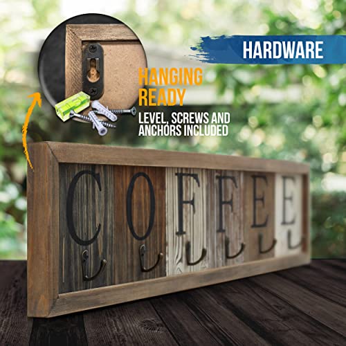 HBCY Creations Coffee Mug Holder with Printed Solid Wood Coffee Sign, 6 Coffee Cup Hooks with Wooden Coffee Mug Display and Organizer - Distressed Coffee Rack Sign, 31.5" Wide