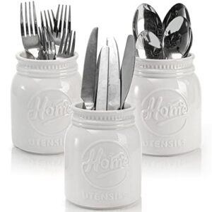 peohud 3 pack mason jar utensil holder, ceramic silverware flatware caddy, cooking utensil crock cutlery storage organizer for kitchen countertop, decorative spoon, fork and knife holder