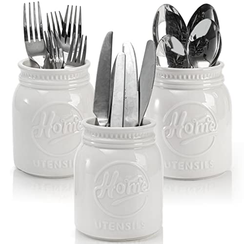 Peohud 3 Pack Mason Jar Utensil Holder, Ceramic Silverware Flatware Caddy, Cooking Utensil Crock Cutlery Storage Organizer for Kitchen Countertop, Decorative Spoon, Fork and Knife Holder