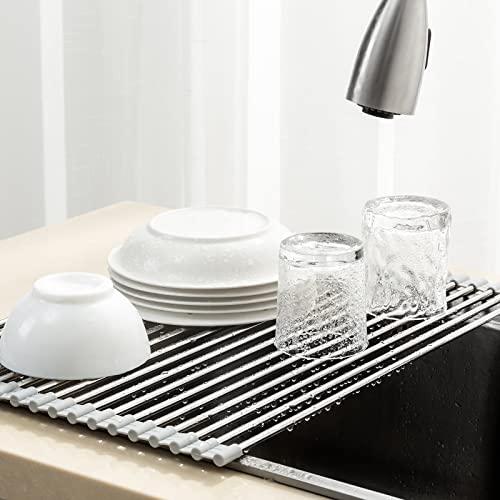 Stainless Steel Roll Up Dish Drying Rack with Sink Cover 17.7" x 13" Over The Sink Drying Rack Foldable 304 Stainless Dish Rack for Kitchen Countertop Dish Drainer Kitchen Sink Accessories and Gadgets