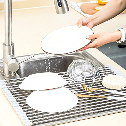 Stainless Steel Roll Up Dish Drying Rack with Sink Cover 17.7" x 13" Over The Sink Drying Rack Foldable 304 Stainless Dish Rack for Kitchen Countertop Dish Drainer Kitchen Sink Accessories and Gadgets