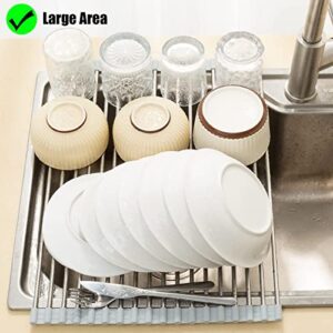 Stainless Steel Roll Up Dish Drying Rack with Sink Cover 17.7" x 13" Over The Sink Drying Rack Foldable 304 Stainless Dish Rack for Kitchen Countertop Dish Drainer Kitchen Sink Accessories and Gadgets