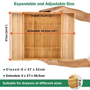 MASS DYNAMIC Expandable Bamboo Drawer Organizer for Silverware, Adjustable Cutlery Tray, Wood Drawer Dividers Flatware Organizer for Kitchen Utensils Holder, Garage Tools and Stationary Holder