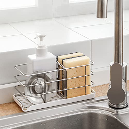 Stainless Steel Sponge Holder For Sink Kitchen Sink Organizer,Sink Tray Drainer Rack For Countertop Or Wall-Stick With Dish Drainer Keep Dry (White)