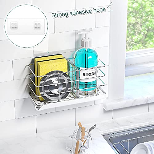 Stainless Steel Sponge Holder For Sink Kitchen Sink Organizer,Sink Tray Drainer Rack For Countertop Or Wall-Stick With Dish Drainer Keep Dry (White)