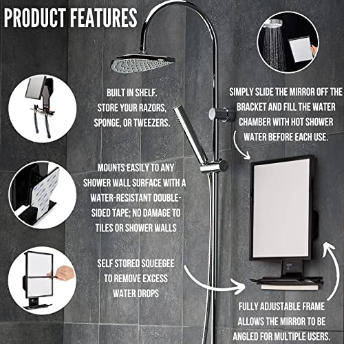 ToiletTree Products Deluxe Larger Fogless Shower Shaving Mirror with Squeegee, Large, Black