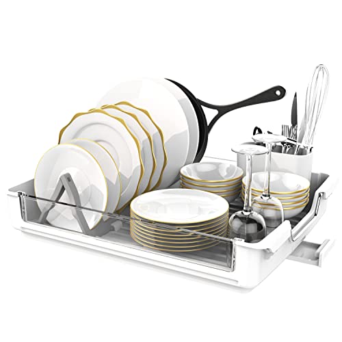 EMT ETRENDS Large Capacity Dish Drying Rack,Rust Resistant Dish Rack for Kitchen, Compact and Foldaway Dish Drainer with Removable Drainboard, Utensil/Cutlery Holder , Plastic, White