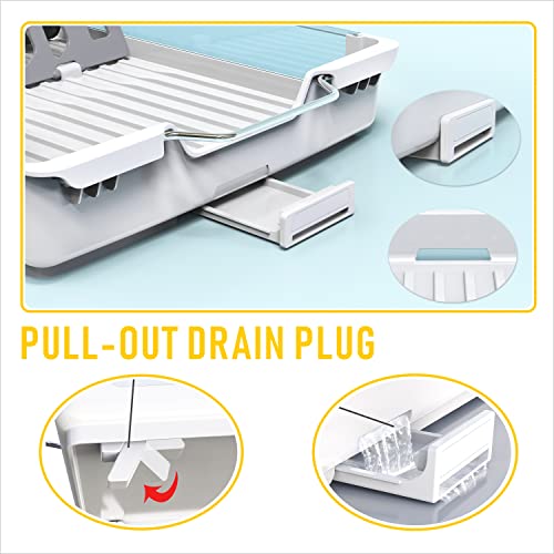 EMT ETRENDS Large Capacity Dish Drying Rack,Rust Resistant Dish Rack for Kitchen, Compact and Foldaway Dish Drainer with Removable Drainboard, Utensil/Cutlery Holder , Plastic, White