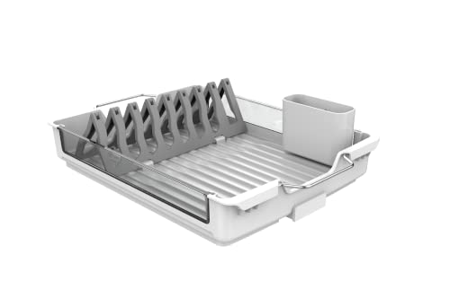 EMT ETRENDS Large Capacity Dish Drying Rack,Rust Resistant Dish Rack for Kitchen, Compact and Foldaway Dish Drainer with Removable Drainboard, Utensil/Cutlery Holder , Plastic, White