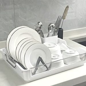 EMT ETRENDS Large Capacity Dish Drying Rack,Rust Resistant Dish Rack for Kitchen, Compact and Foldaway Dish Drainer with Removable Drainboard, Utensil/Cutlery Holder , Plastic, White