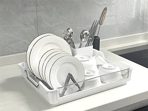 EMT ETRENDS Large Capacity Dish Drying Rack,Rust Resistant Dish Rack for Kitchen, Compact and Foldaway Dish Drainer with Removable Drainboard, Utensil/Cutlery Holder , Plastic, White