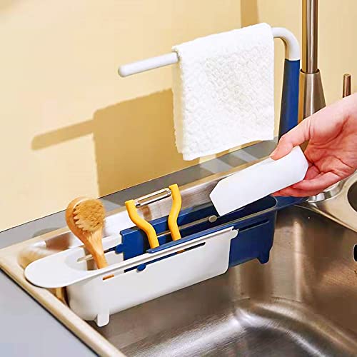 Upgraded Telescopic Sink Storage Rack, Adjustable Length 2-in-1 Sink Organizer Tray Sponge Soap Holder with Dishcloth Hanger, Expandable Storage Drain Basket for Home Kitchen (Black)