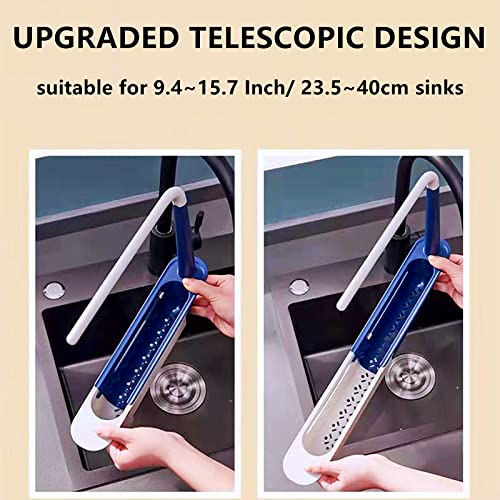 Upgraded Telescopic Sink Storage Rack, Adjustable Length 2-in-1 Sink Organizer Tray Sponge Soap Holder with Dishcloth Hanger, Expandable Storage Drain Basket for Home Kitchen (Black)