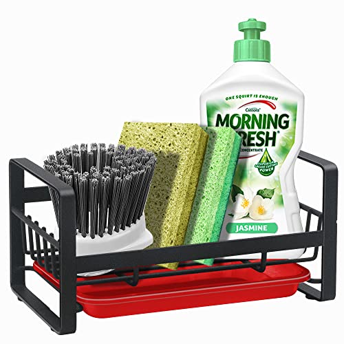 Kitchen Sponge Holder for Sink, Kitchen Sink Caddy Organizer, Sink Tray Drainer Rack, Dish Rags Brush Soap Storage Countertop with Removable Front Drain Pan - Black&Red