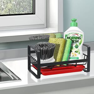 Kitchen Sponge Holder for Sink, Kitchen Sink Caddy Organizer, Sink Tray Drainer Rack, Dish Rags Brush Soap Storage Countertop with Removable Front Drain Pan - Black&Red