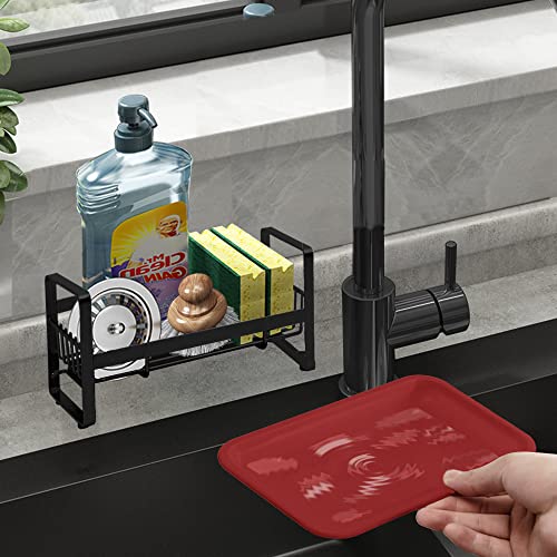 Kitchen Sponge Holder for Sink, Kitchen Sink Caddy Organizer, Sink Tray Drainer Rack, Dish Rags Brush Soap Storage Countertop with Removable Front Drain Pan - Black&Red