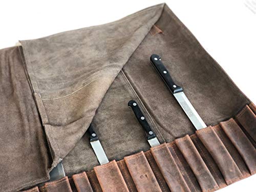 Chef's Knife Roll Case Heavy Duty Holds 12 Knifes Kitchen Storage Cutlery Carrier Zipper For Culinary Tools Easily Carried By Shoulder Straps For Professional Chef's Great Gift (Buff Leather)