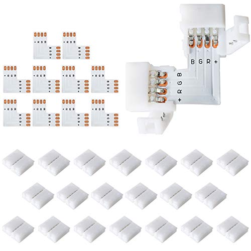 L Shape 4-Pin LED Connectors 10-Pack JACKYLED 10mm Wide Right Angle Corner Connectors Solderless Adapter Connector Terminal Extension with 22Pcs Clips for 3528/5050 SMD RGB 4 Conductor LED Light Strips