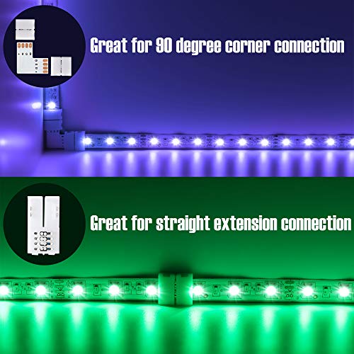 L Shape 4-Pin LED Connectors 10-Pack JACKYLED 10mm Wide Right Angle Corner Connectors Solderless Adapter Connector Terminal Extension with 22Pcs Clips for 3528/5050 SMD RGB 4 Conductor LED Light Strips