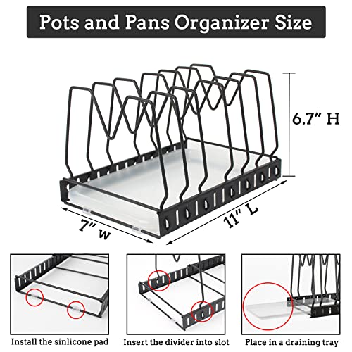 Pot Organizer Rack for Under Cabinet, Kitchen Pot and Pan Organizer Rack Holder with 1 Drip Pan & 7 Dividers Adjustable Pot Lid Organizer for Cabinet, Bakeware, Cookie Sheet and Cutting Board (Black)