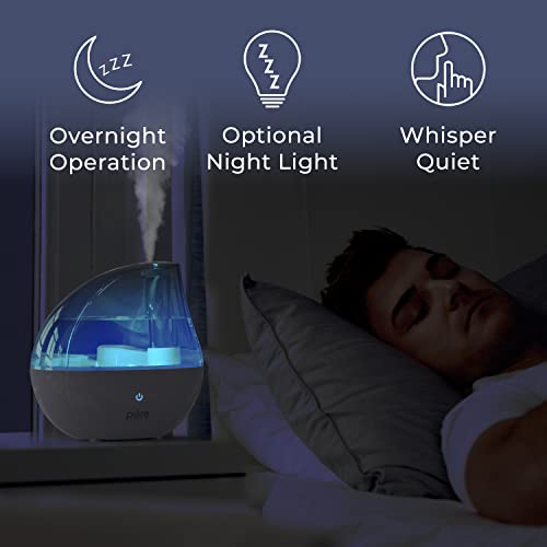 Pure Enrichment® MistAire™ Silver Ultrasonic Cool Mist Humidifier for Bedroom, Office, Nursery & Indoor Plants - Lasts Up to 25 Hours, Whisper-Quiet Operation, Optional Night Light, & Auto Shut-Off