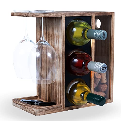 Rustic State Rias Countertop Wood Wine Rack for 3 Bottles and 2 Stemware Glass Holder Cork Storage Tabletop Tray Freestanding Organizer - Home, Kitchen, Dining Room Bar Décor - Burnt Brown