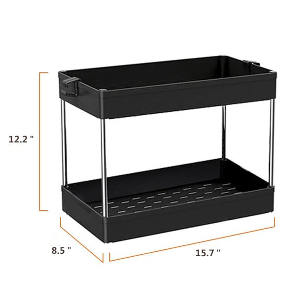 Under Sink Organizer and Storage Rack, 2 Tier Bathroom/Kitchen/Office Organizer with Hooks, Multi Purpose Storage Rack, Table Top Organizer (Black)