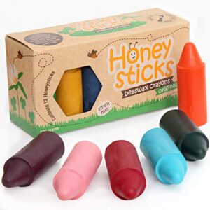 honeysticks 100% pure beeswax crayons natural, safe for toddlers, kids and children, handmade in new zealand, for 1 year plus (12 pack)