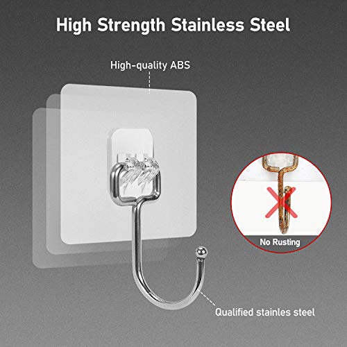 FACURY Large Adhesive Hooks 22Ib(Max), Waterproof and Rustproof Wall Hooks for Hanging Heavy Duty, Stainless Steel Towel and Coats Hooks to use Inside Kitchen, Bathroom, Home and Office, 8Pack