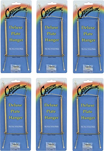 Creative Hobbies Deluxe Plate Display Hangers, Spring Style, Expandable to Hold 10 to 14 Inch Plates- Gold Wire Spring Type, Hanger Hooks & Nails Included -Pack of 6 Hangers