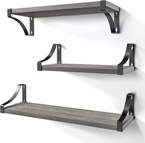 amada homefurnishing floating shelves wall mounted set of 3, rustic wood wall shelves for bedroom, bathroom, living room, kitchen, laundry room storage & decoration, gray