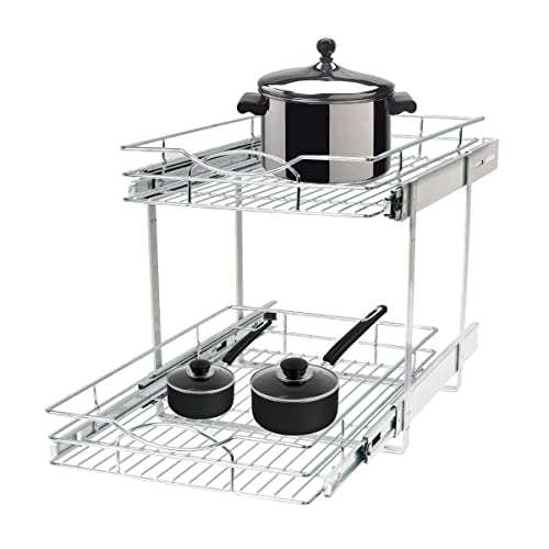 Pull Out Cabinet Organizer, Heavy Duty-14"W x 22"D x 15.5"H（13.8"H）,Request at Least 14.5"W x 22"D x 14"H Cabinet, 2 Tier Sliding Pull out drawers for kitchen cabinets, Chrome