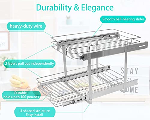 Pull Out Cabinet Organizer, Heavy Duty-14"W x 22"D x 15.5"H（13.8"H）,Request at Least 14.5"W x 22"D x 14"H Cabinet, 2 Tier Sliding Pull out drawers for kitchen cabinets, Chrome