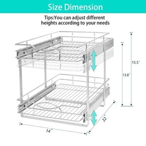 Pull Out Cabinet Organizer, Heavy Duty-14"W x 22"D x 15.5"H（13.8"H）,Request at Least 14.5"W x 22"D x 14"H Cabinet, 2 Tier Sliding Pull out drawers for kitchen cabinets, Chrome