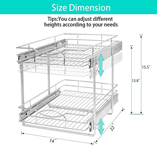 Pull Out Cabinet Organizer, Heavy Duty-14"W x 22"D x 15.5"H（13.8"H）,Request at Least 14.5"W x 22"D x 14"H Cabinet, 2 Tier Sliding Pull out drawers for kitchen cabinets, Chrome