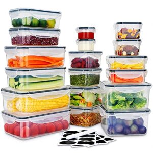 36 pcs food storage containers large , (18 stackable plastic containers with 18 lids) – 100% airtight & bpa-free & microwave, dishwasher safe food storage with chalkboard labels & marker…