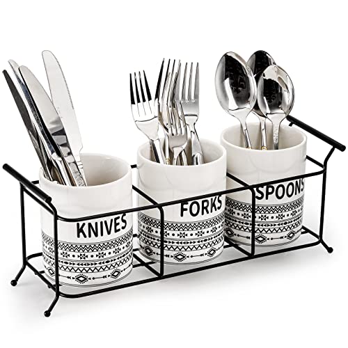 Bekith 3-Piece Ceramic Silverware Caddy with Metal Rack, Utensil Holder Flatware Caddy Cutlery Storage Organizer for Kitchen Table, Cabinet or Pantry, White