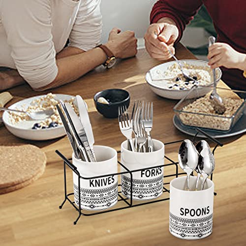 Bekith 3-Piece Ceramic Silverware Caddy with Metal Rack, Utensil Holder Flatware Caddy Cutlery Storage Organizer for Kitchen Table, Cabinet or Pantry, White