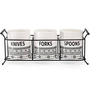 Bekith 3-Piece Ceramic Silverware Caddy with Metal Rack, Utensil Holder Flatware Caddy Cutlery Storage Organizer for Kitchen Table, Cabinet or Pantry, White