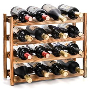 topzea countertop wine rack free standing, 16-bottle wood wine storage rack 4-tier rustic wine display shelf floor stackable wine bottle holder stand for kitchen, bar, pantry, cabinet, basement