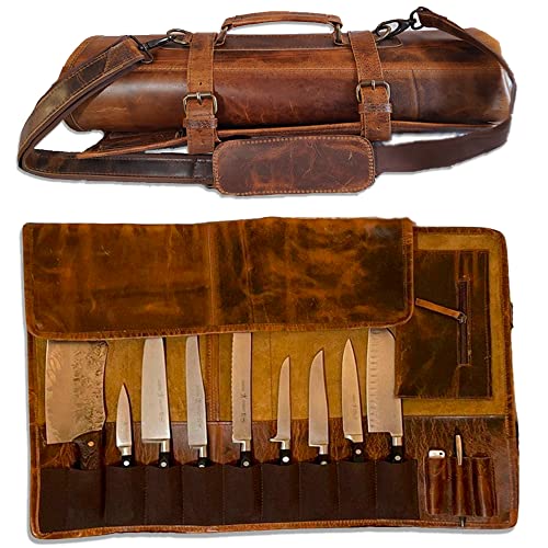 Knife Bag Knife Roll - Case for Knives - SharpStyle: Genuine Leather Chef Knife Roll - Beautifully Holds 10 Knives + Utility Pockets - Includes Leather Carry Handle and Strap - Large.