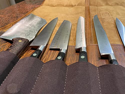 Knife Bag Knife Roll - Case for Knives - SharpStyle: Genuine Leather Chef Knife Roll - Beautifully Holds 10 Knives + Utility Pockets - Includes Leather Carry Handle and Strap - Large.