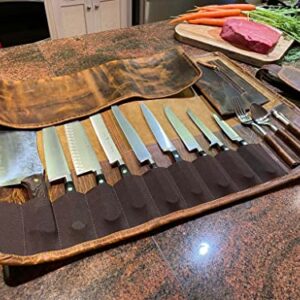 Knife Bag Knife Roll - Case for Knives - SharpStyle: Genuine Leather Chef Knife Roll - Beautifully Holds 10 Knives + Utility Pockets - Includes Leather Carry Handle and Strap - Large.