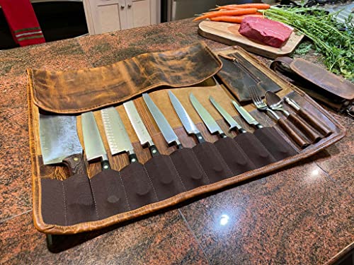 Knife Bag Knife Roll - Case for Knives - SharpStyle: Genuine Leather Chef Knife Roll - Beautifully Holds 10 Knives + Utility Pockets - Includes Leather Carry Handle and Strap - Large.