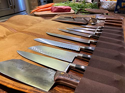 Knife Bag Knife Roll - Case for Knives - SharpStyle: Genuine Leather Chef Knife Roll - Beautifully Holds 10 Knives + Utility Pockets - Includes Leather Carry Handle and Strap - Large.